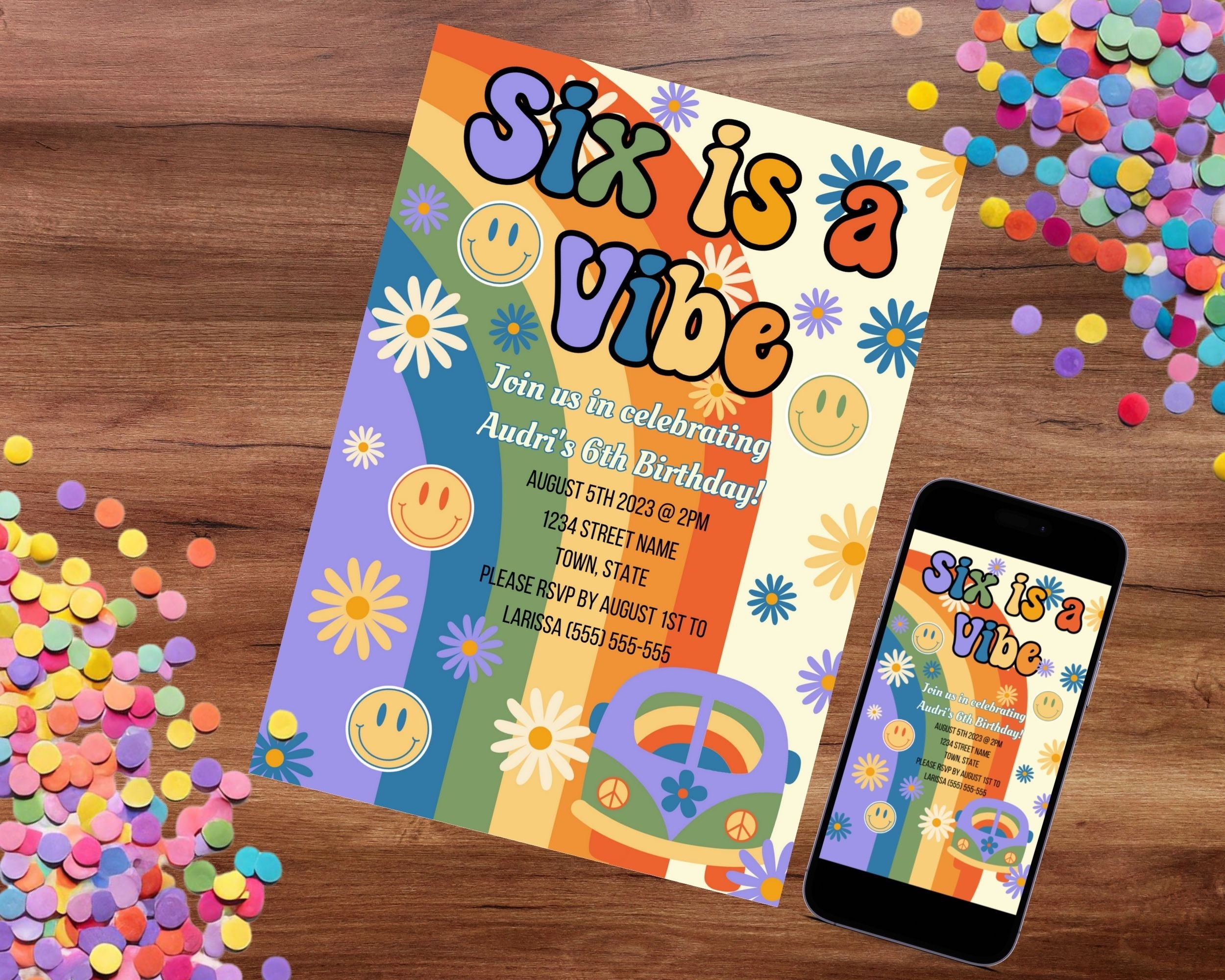 Editable Six is a Vibe Birthday Invitation, Hippie Rainbow 6th Bday ...