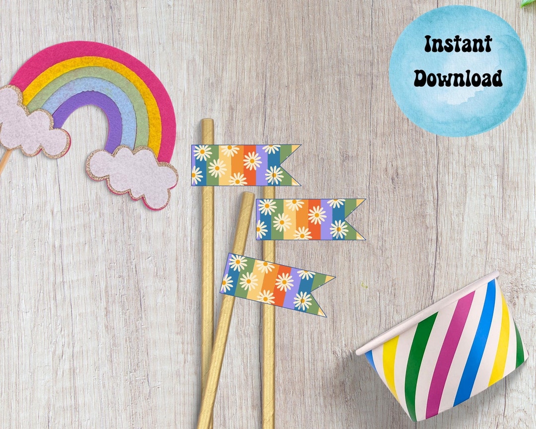 Printable Hippie Rainbow Straw Flags, 70s Retro Floral Straw Tabs ...