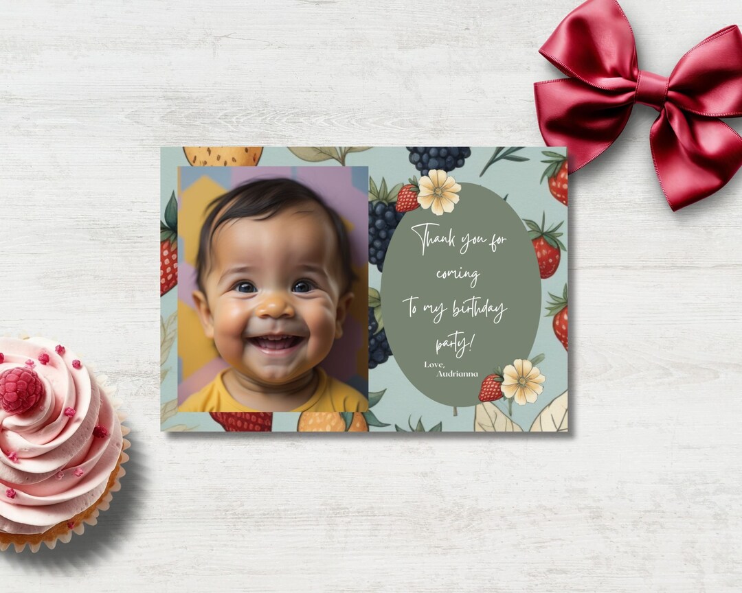 Editable Strawberry Photo Thank You Card, Berry First Birthday Thanks ...