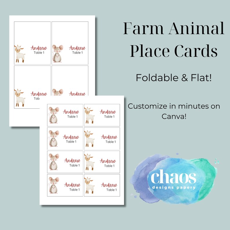 Farm Animal Place Cards, Barnyard Bash Printable Name Signs, Editable ...