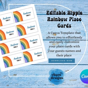 Editable Hippie Rainbow Place Cards 70s Retro Vibe Table Assignment ...