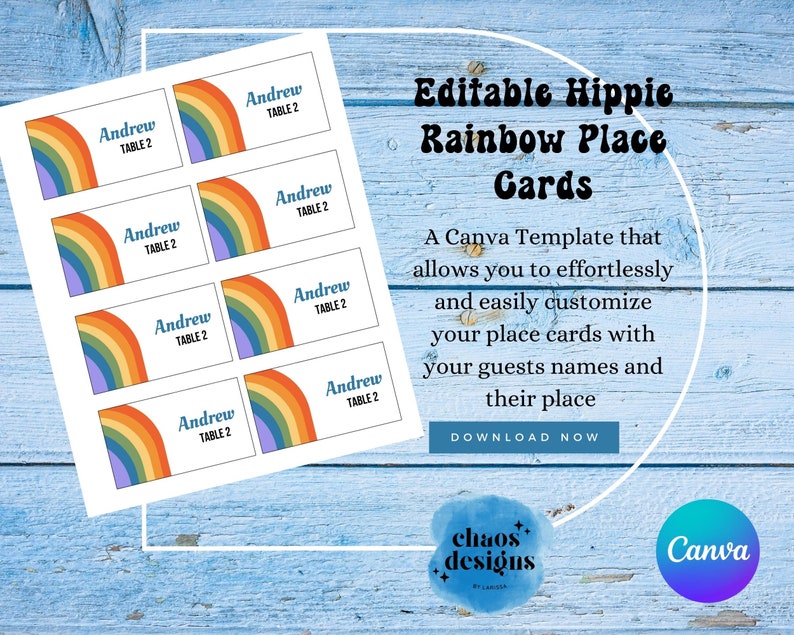 Editable Hippie Rainbow Place Cards 70s Retro Vibe Table Assignment ...