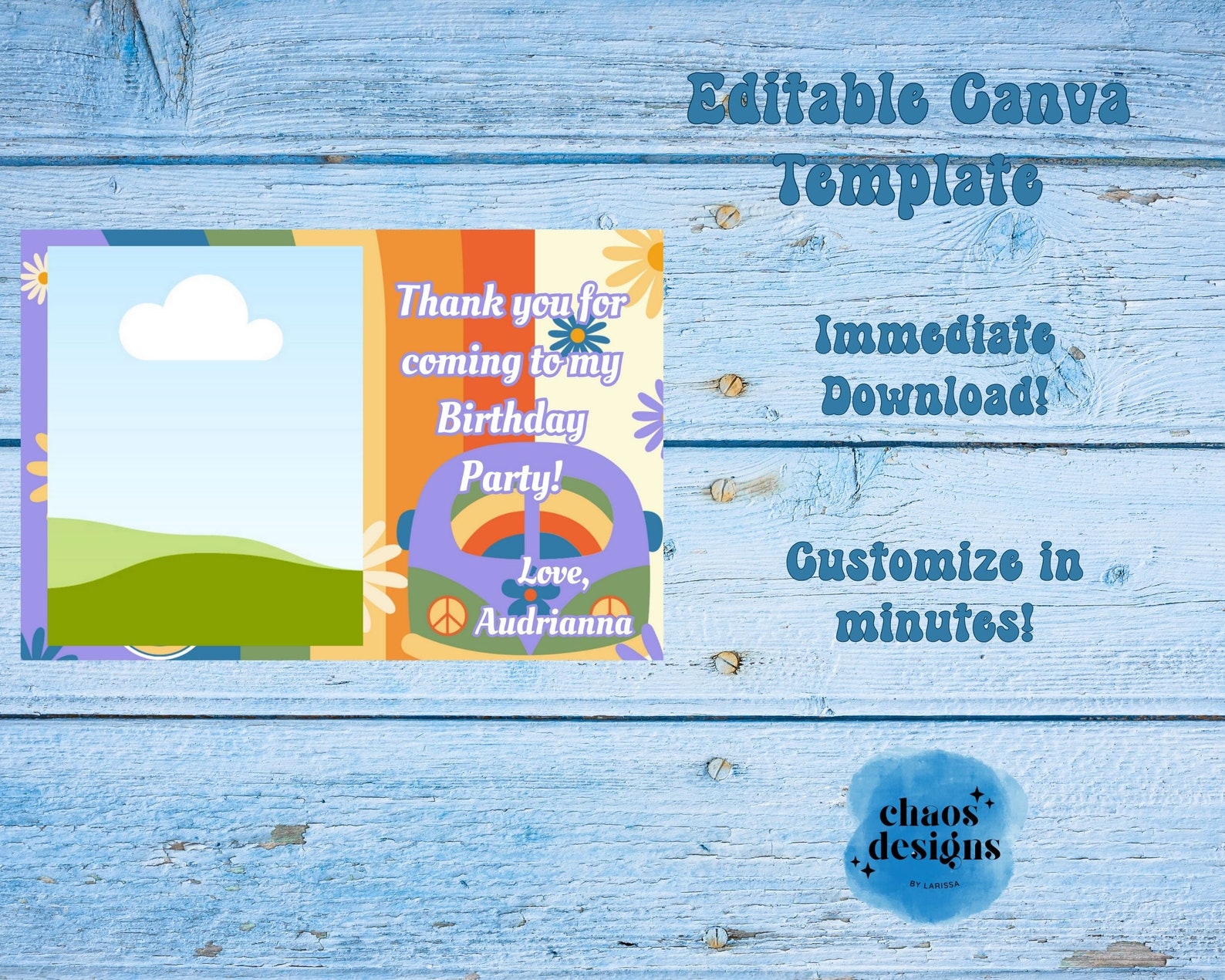 Editable Hippie Rainbow Photo Thank You Flat Card, Digital Download ...