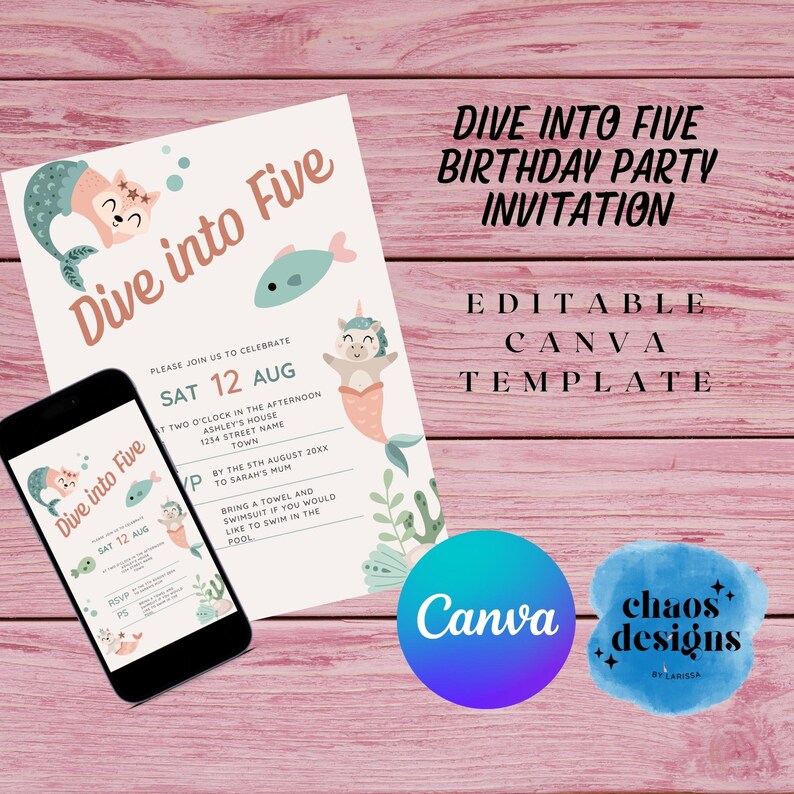 Editable Dive Into Five Invitation 5th Mermaid Birthday Printable Bday ...