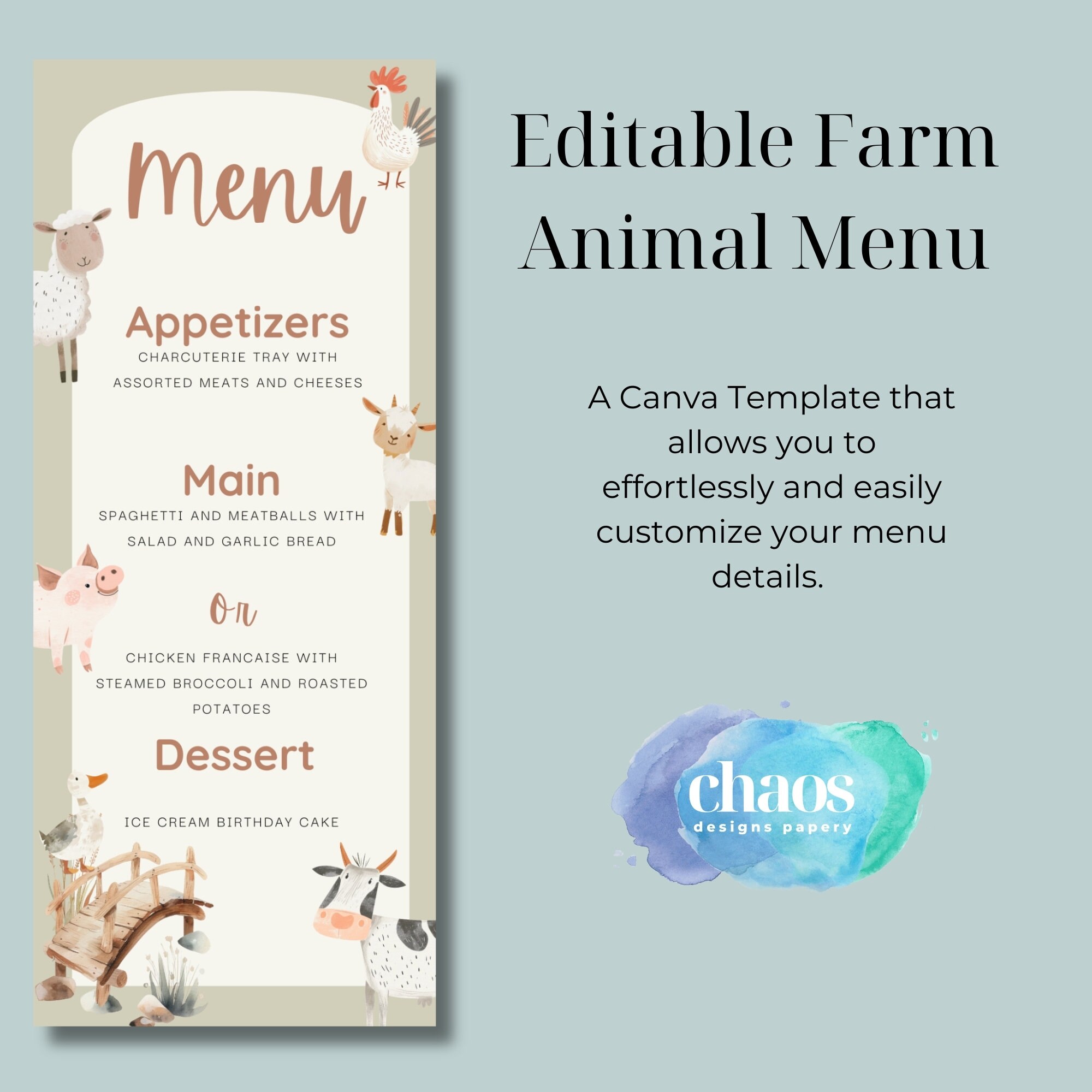 Printable Menu Template Farm Animal Birthday Party Menu Barnyard Bash ...