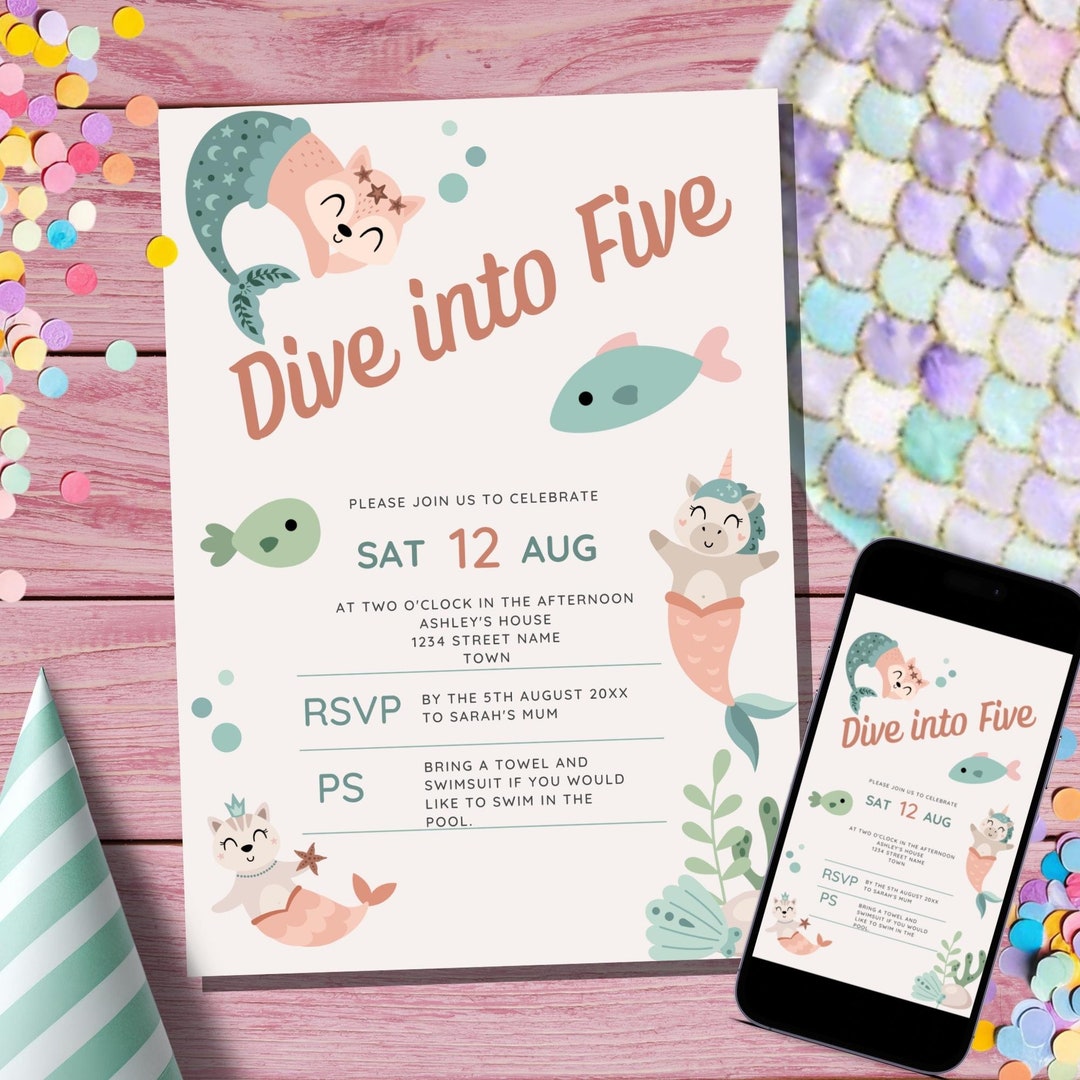 Editable Dive Into Five Invitation 5th Mermaid Birthday Printable Bday ...