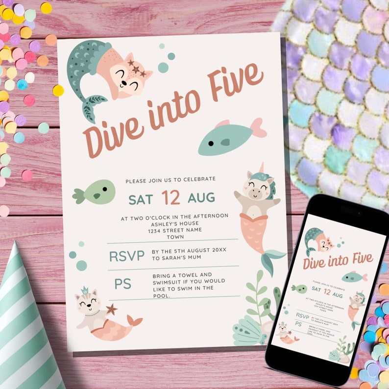 Editable Dive Into Five Invitation 5th Mermaid Birthday Printable Bday ...