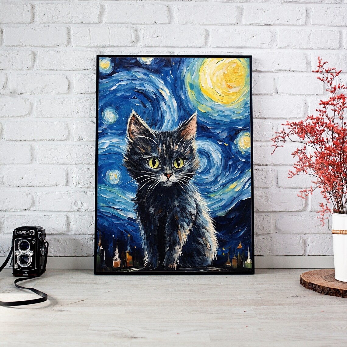 Van Gogh Starry Night With Black Cat Poster Printable Black Cat ...
