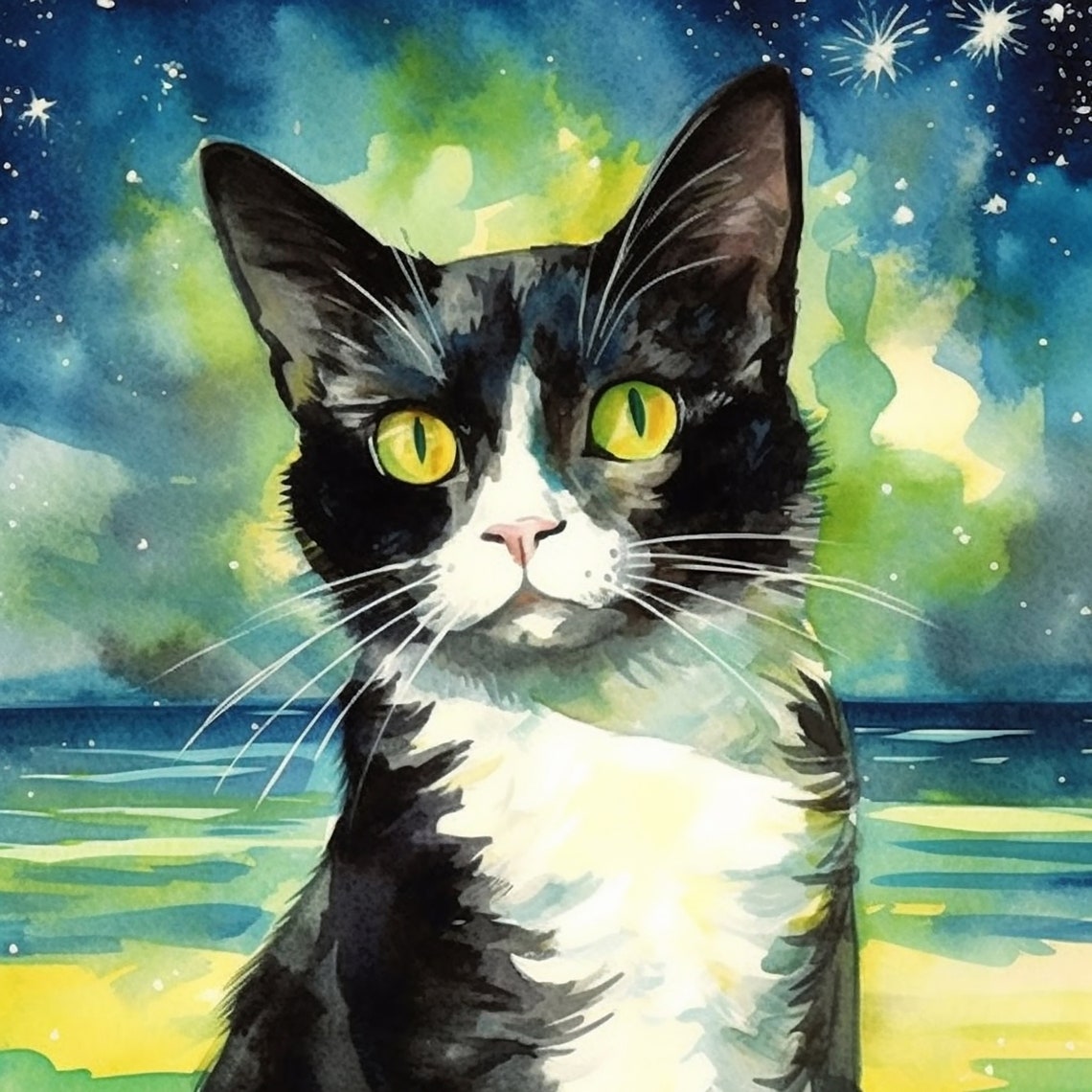 Tuxedo Cat Starry Night Art Print | Printable Digital Wall Art | Pet ...