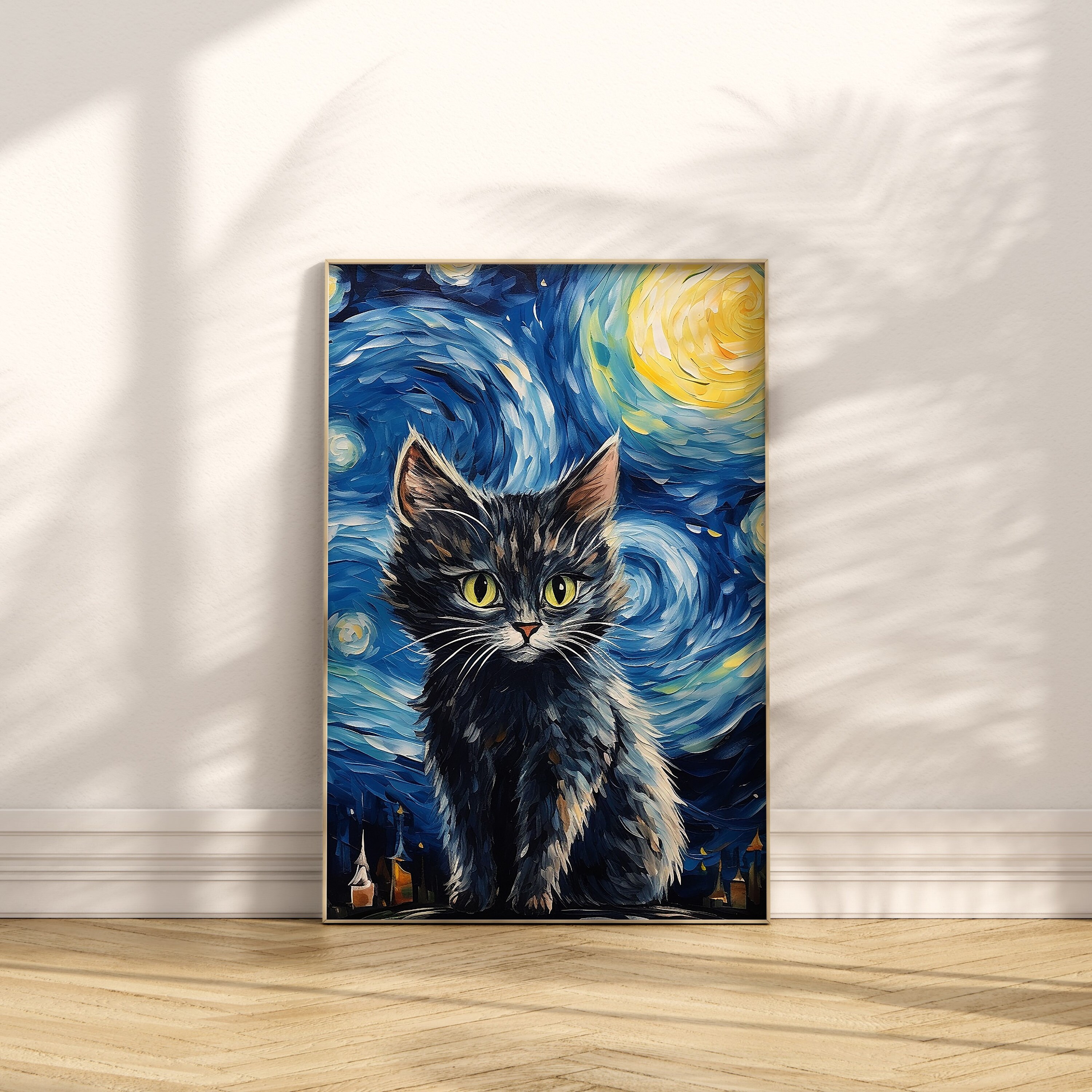 Van Gogh Starry Night With Black Cat Poster | Printable Black Cat ...