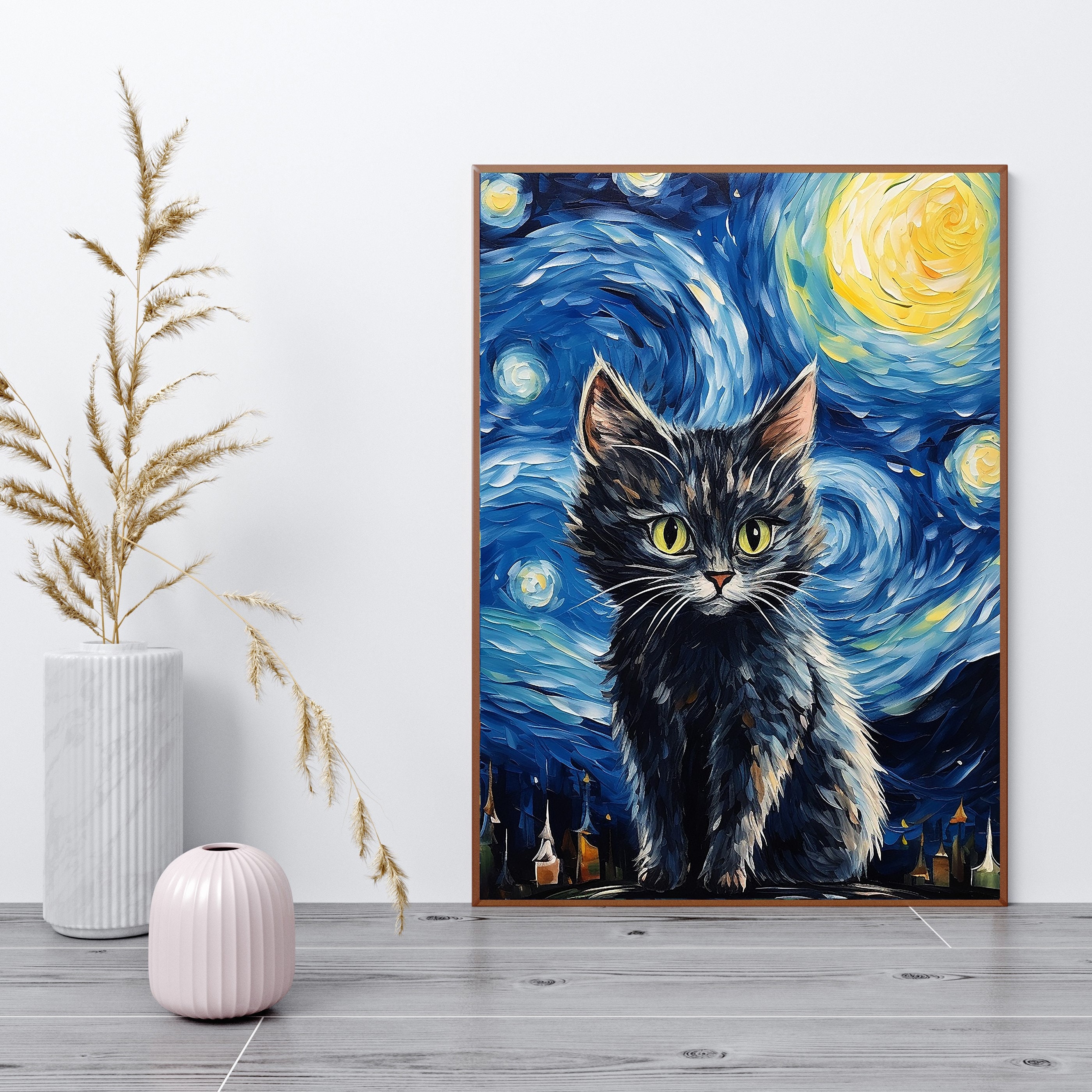 Van Gogh Starry Night With Black Cat Poster | Printable Black Cat ...