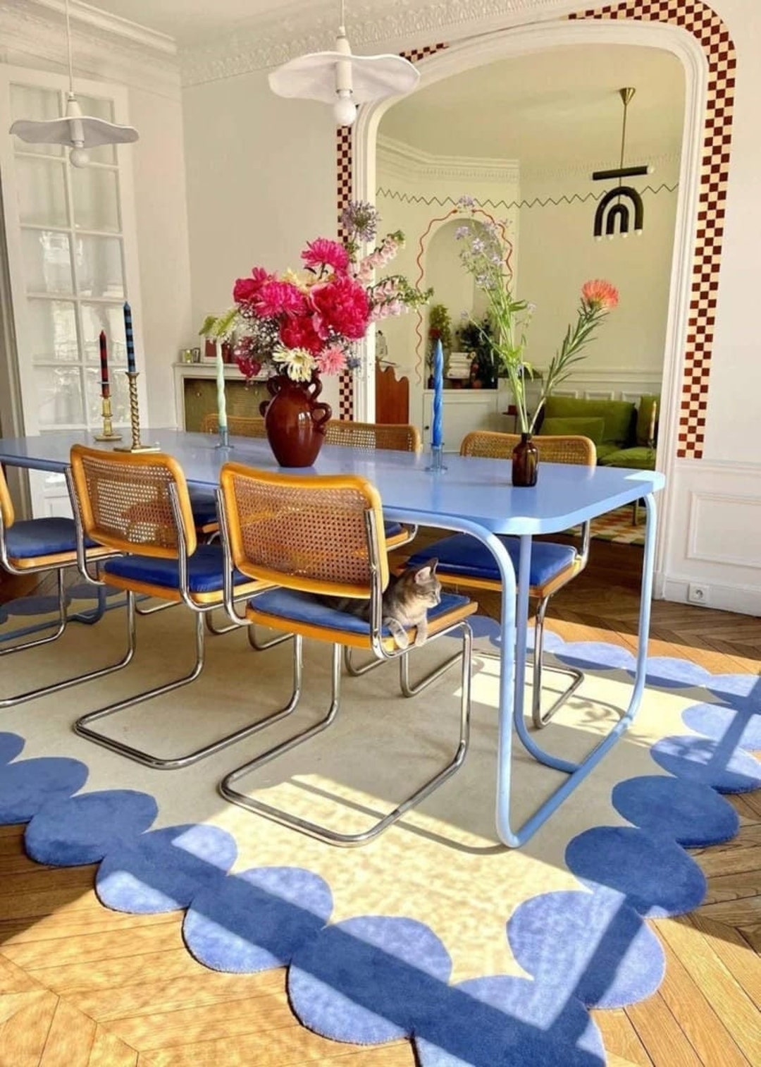 Scalloped Blue Tufted Rug, Wool 8X10 Handmade Rug,, Irregular Shape ...