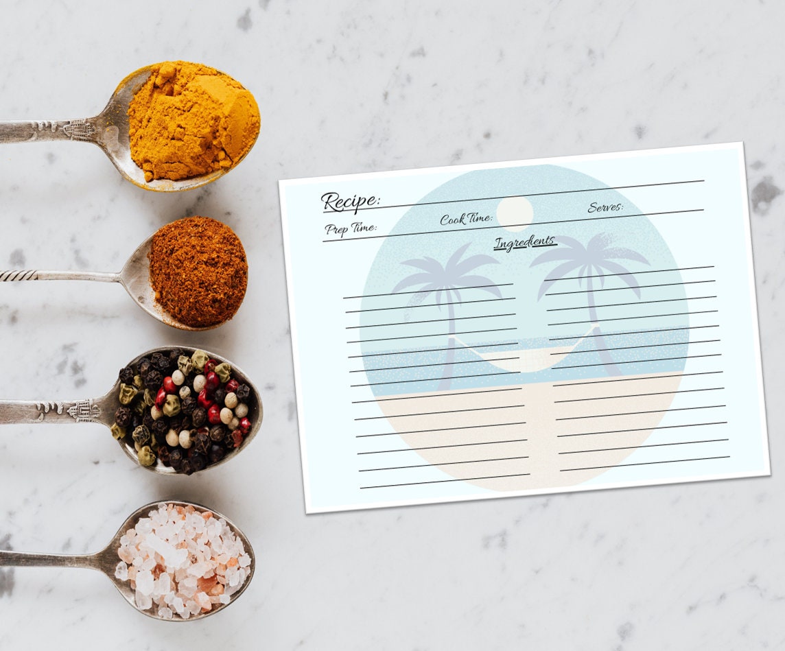 Beach Theme Recipe Card, PDF Fillable or Handwritten, Recipe Card ...