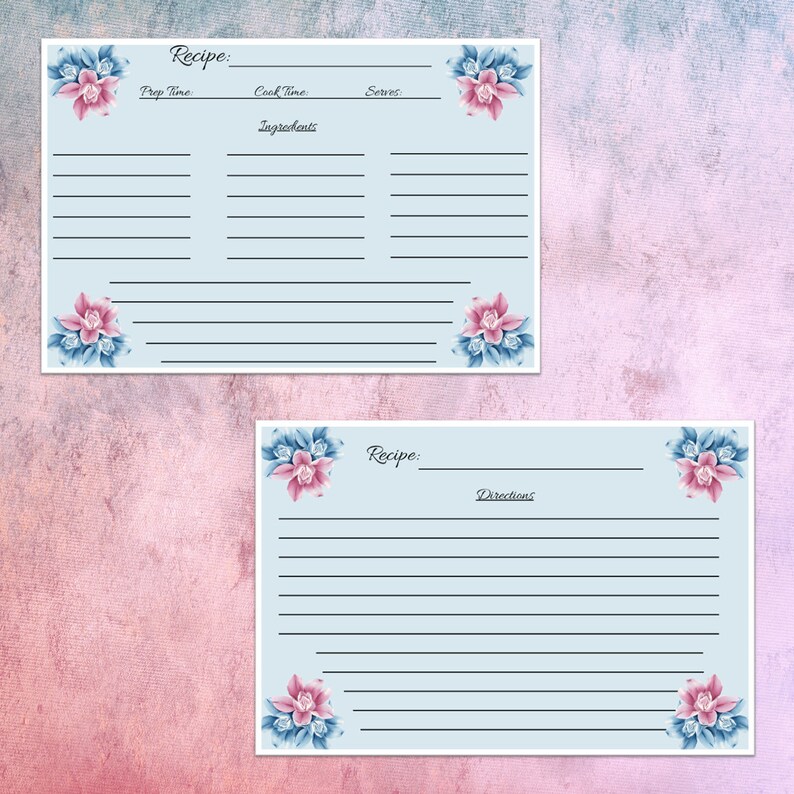 Pink and Blue Flowers Recipe Card, PDF Fillable, Recipe Card Printable ...