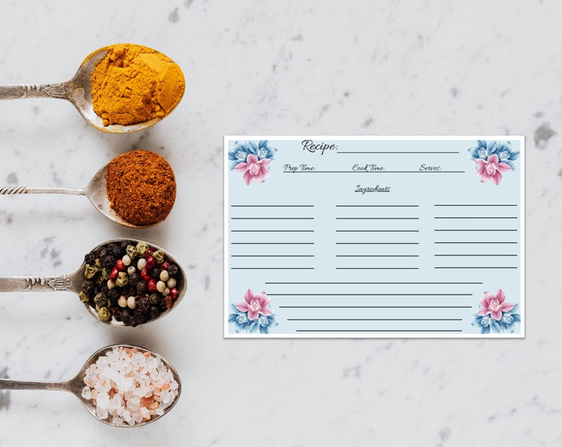 Pink and Blue Flowers Recipe Card PDF Fillable Recipe Card - Etsy