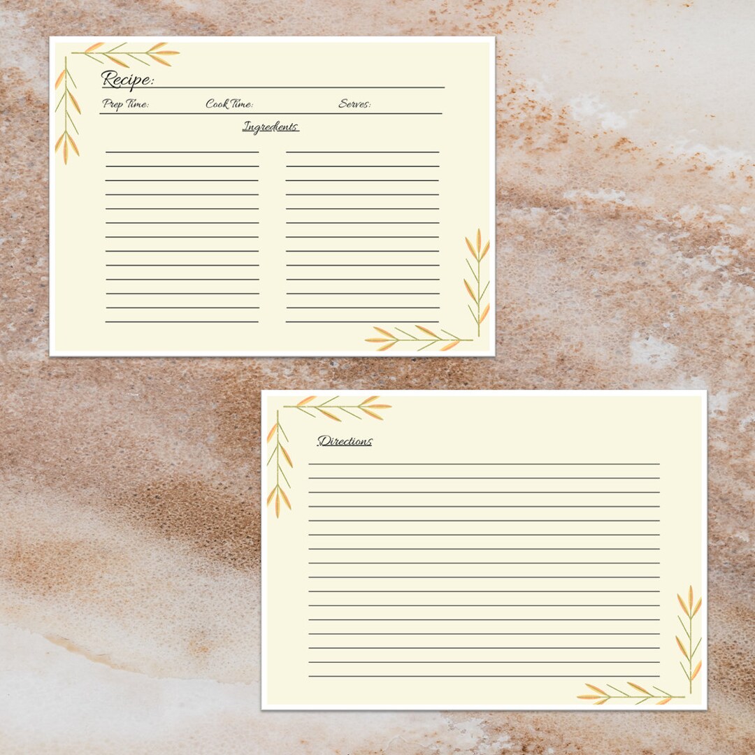 Yellow Leaves Border Recipe Card, PDF Fillable or Handwritten, Recipe ...