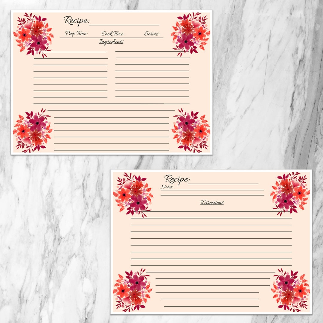 Red and Orange Flowers Recipe Card, PDF Fillable or Handwritten, Recipe ...