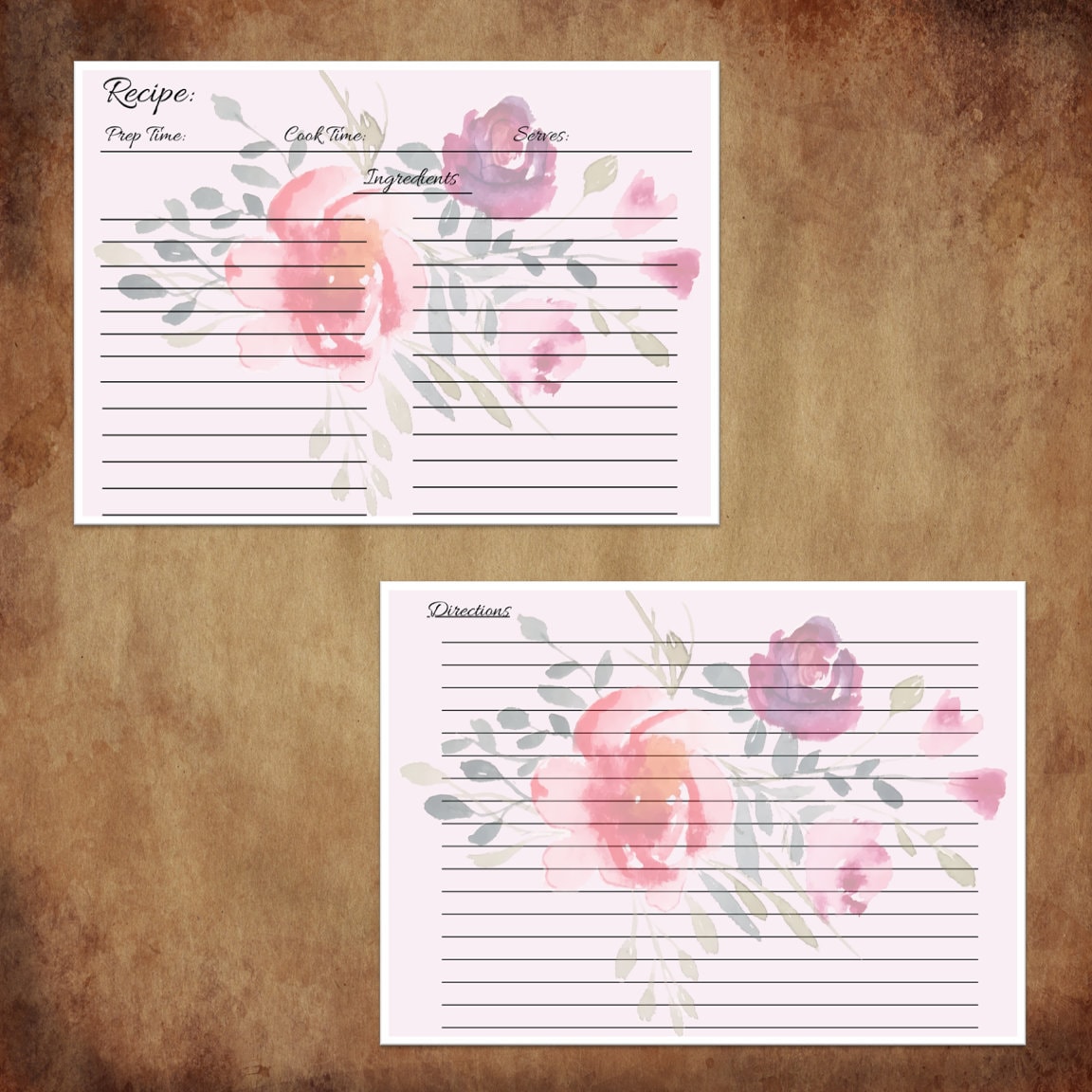 Watercolor Floral Recipe Card, PDF Fillable or Handwritten, Recipe Card ...