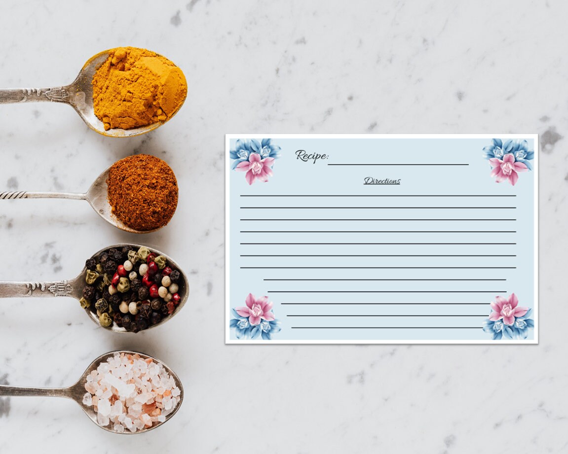 Pink and Blue Flowers Recipe Card, PDF Fillable, Recipe Card Printable ...