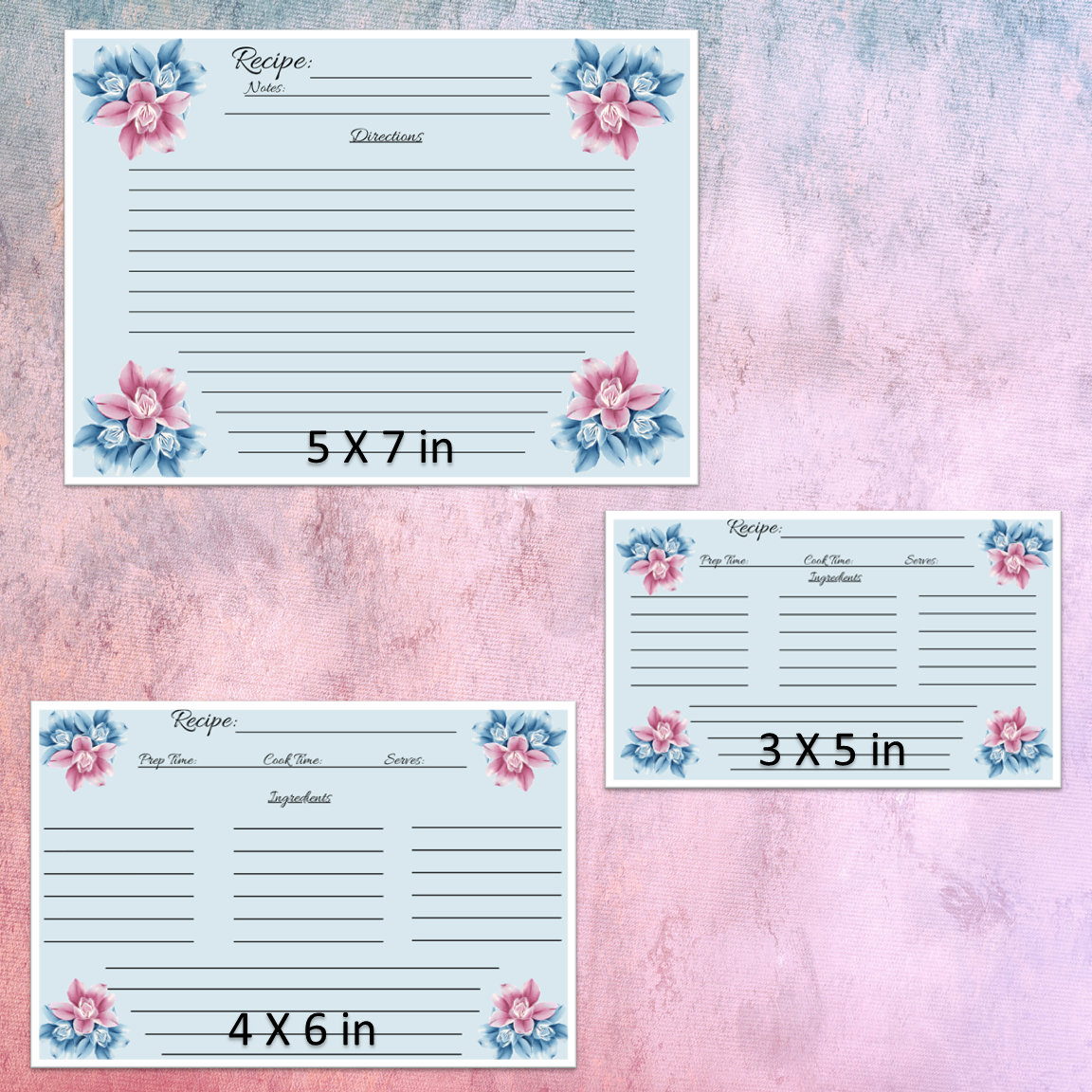 Pink and Blue Flowers Recipe Card PDF Fillable Recipe Card - Etsy