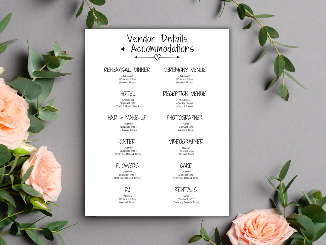 Wedding Vendor List Printable Wedding Binder Vendor Checklist Digital ...