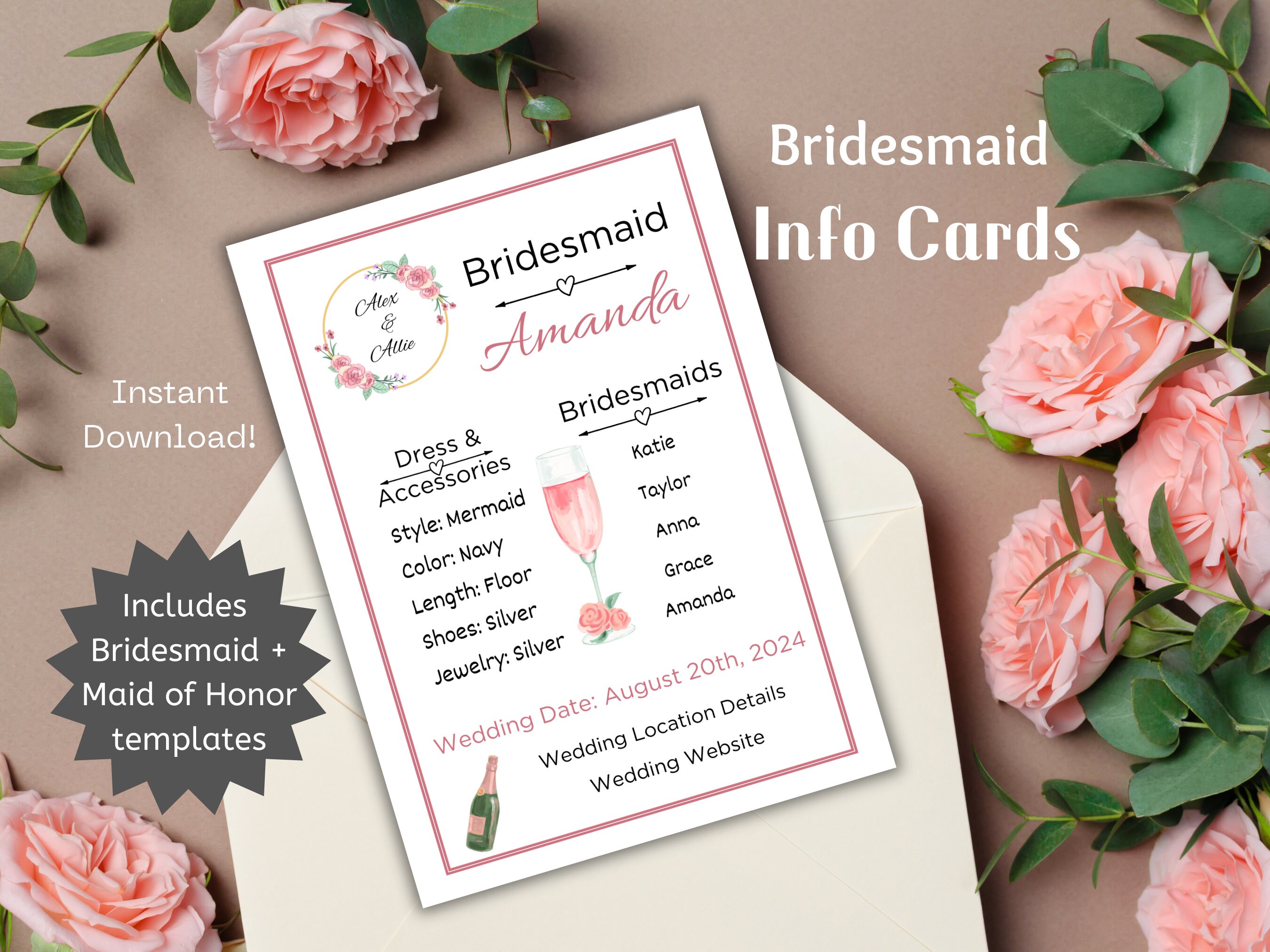 Bridesmaid Info Card Template Wedding Party Info Card Wedding Details ...