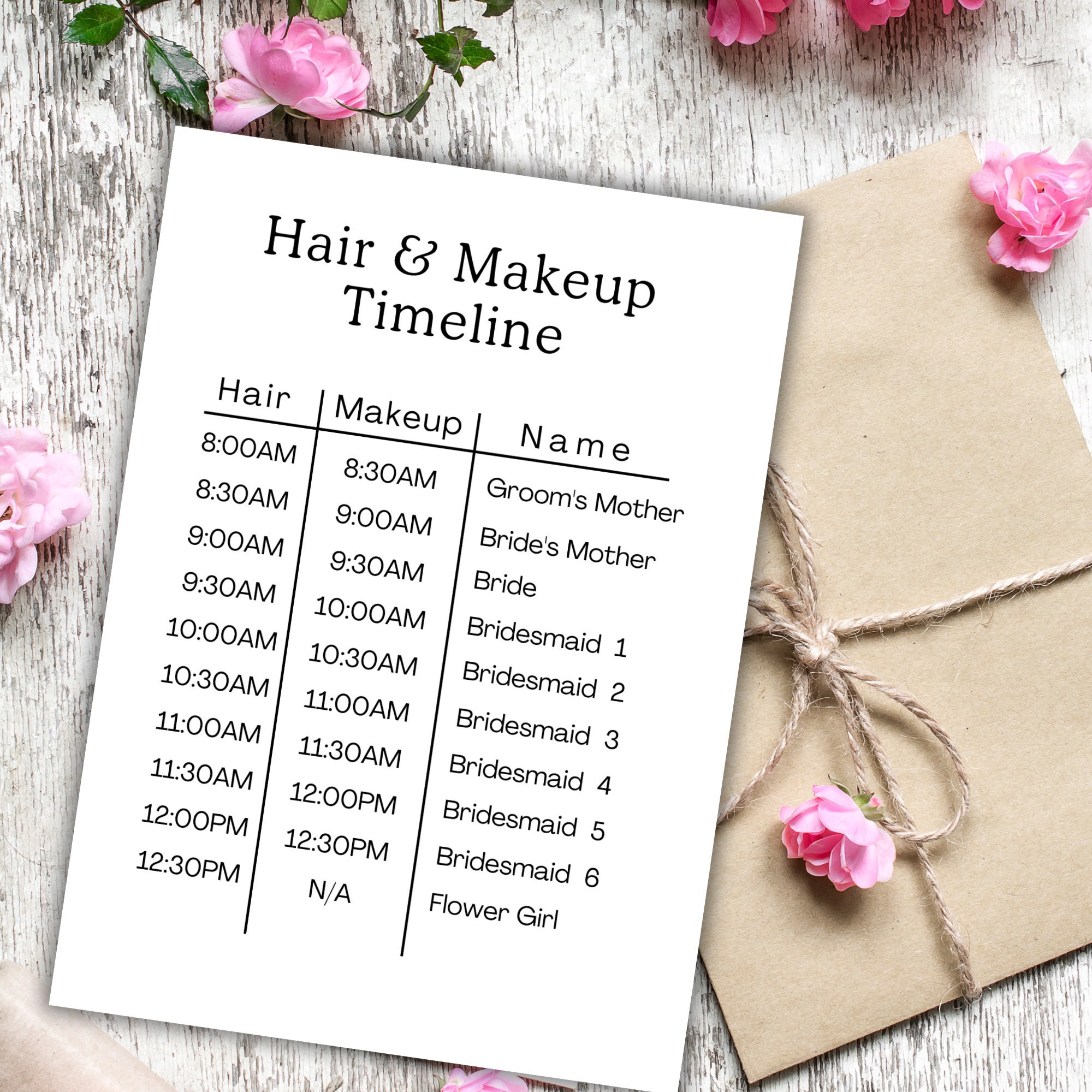 Hair and Makeup Timeline Printable Wedding Planning Wedding Day ...