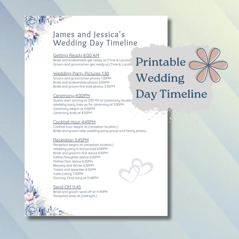 Printable Wedding Day Timeline Template Pre-made Editable Wedding ...
