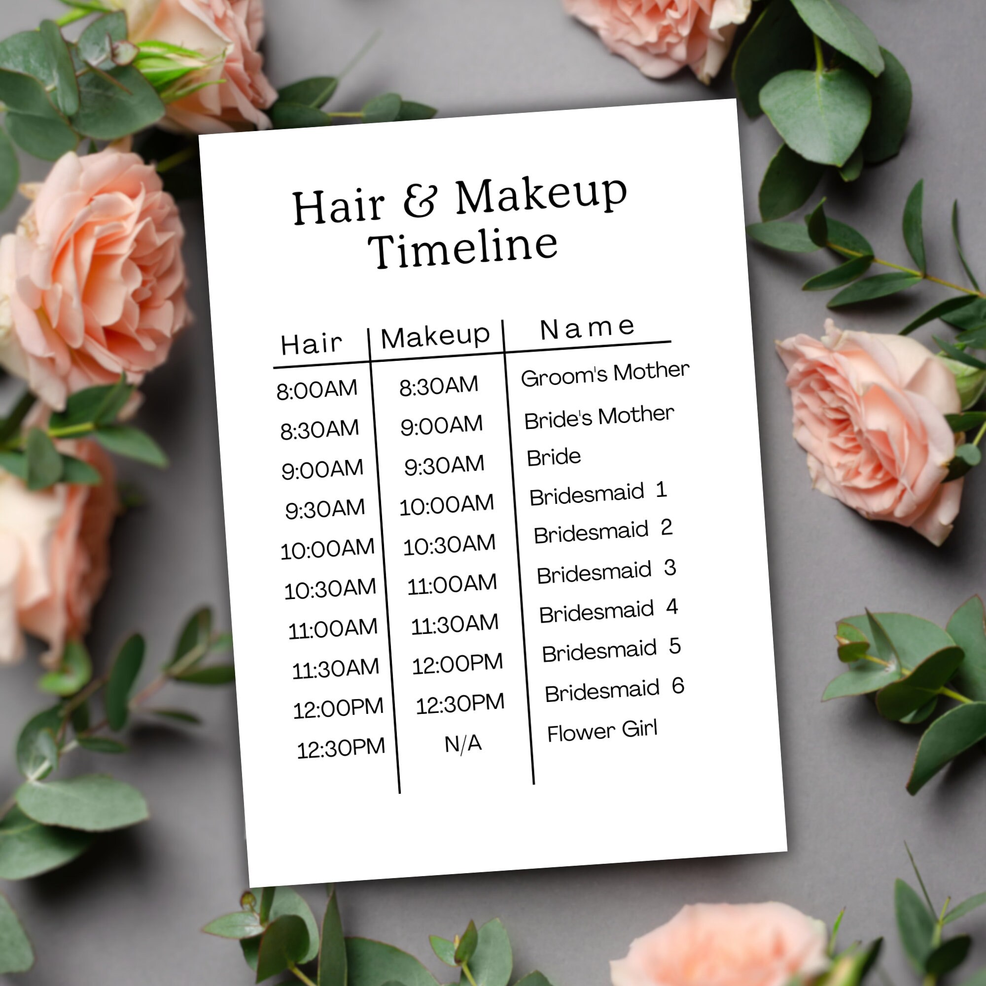 Wedding Day Glam Hair and Makeup Timeline Template Editable Canva ...