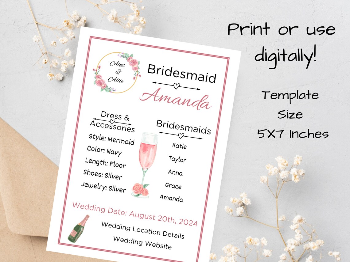 Bridesmaid Info Card Template Wedding Party Info Card Wedding Details ...