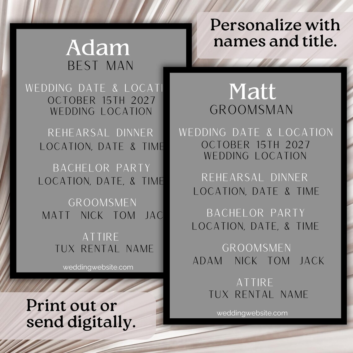 Groomsmen Info Card Template Wedding Party Info Card Wedding Details ...