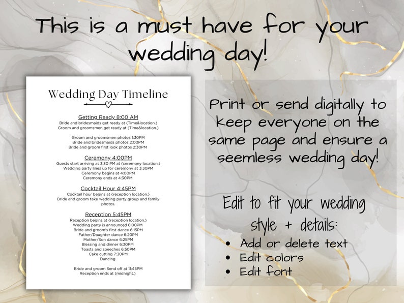 Editable Wedding Day Timeline Template Digital Itinerary Printable ...