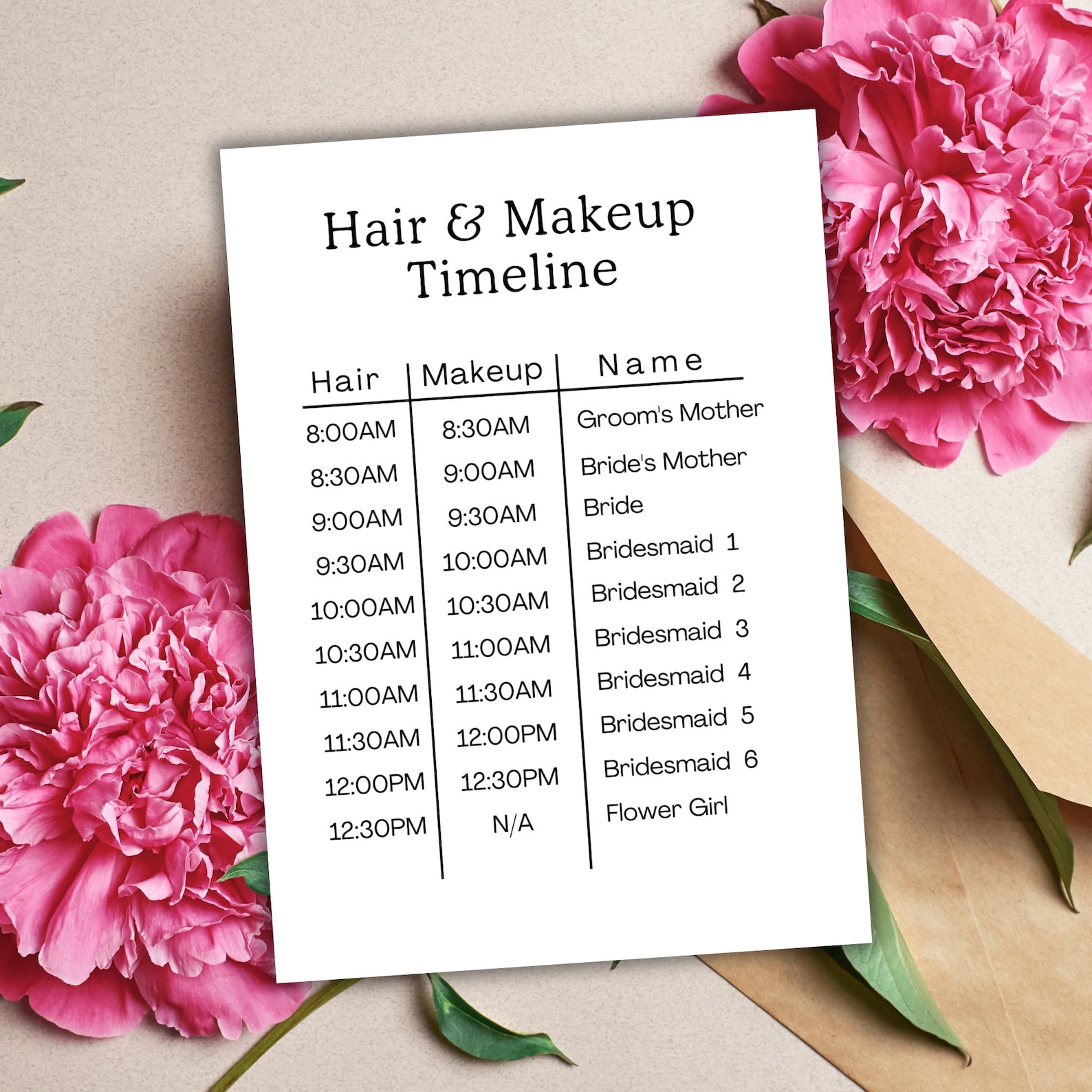 Hair And Makeup Timeline Printable Wedding Planning Wedding Day Itinerary Digital Hair And