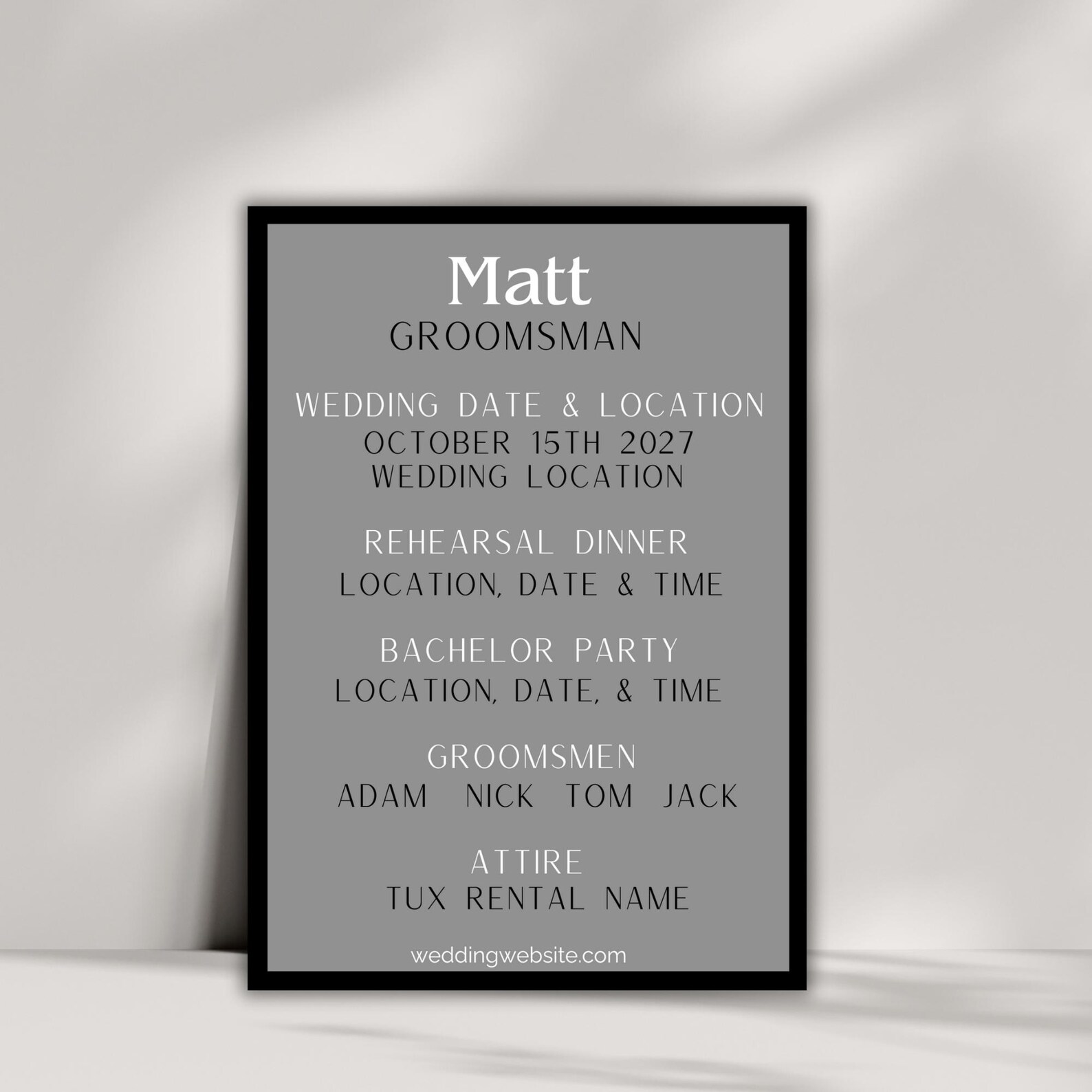 Groomsmen Info Card Template Wedding Party Info Card Wedding Details ...