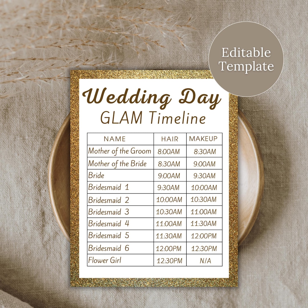 Wedding GLAM Hair and Makeup Timeline Printable Wedding Day Itinerary ...