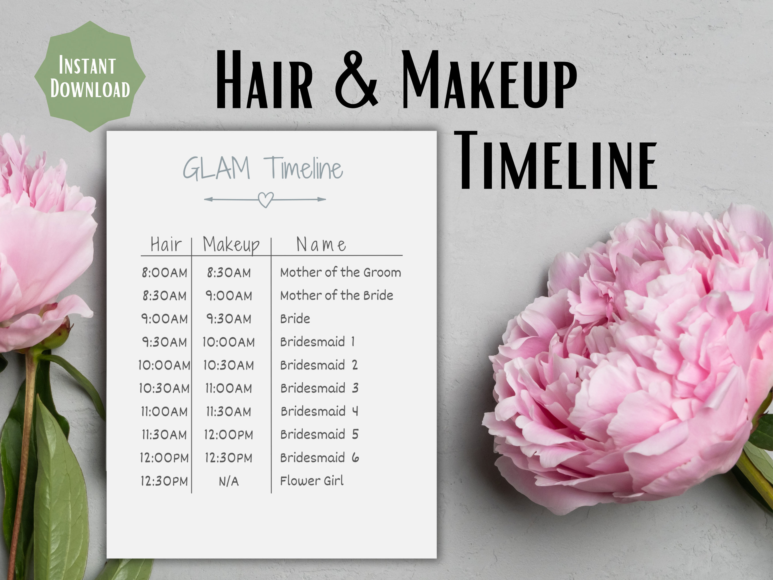 Wedding Party Glam Timeline Printable Wedding Day Itinerary Digital ...