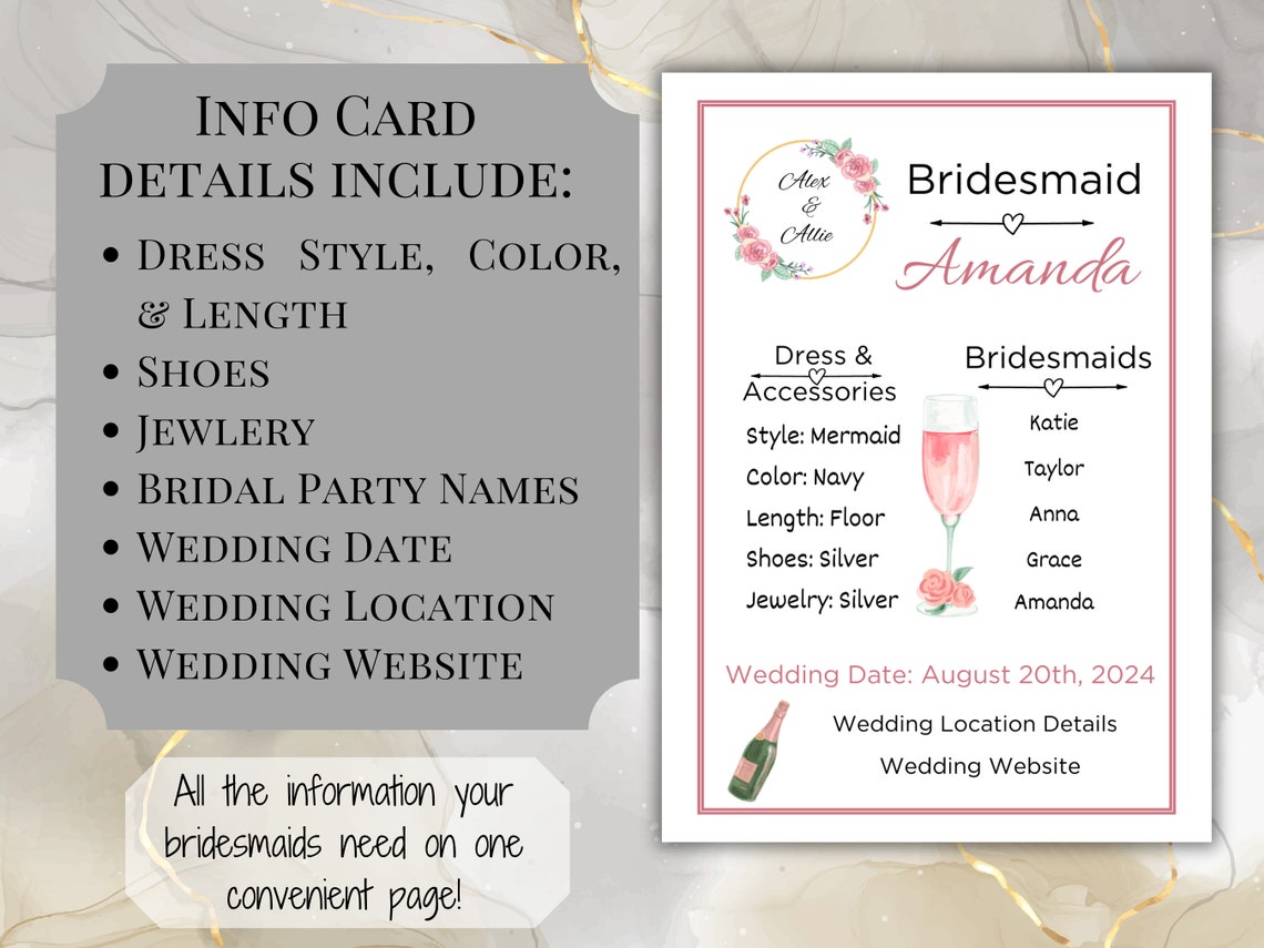 Bridesmaid Info Card Template Wedding Party Info Card Wedding Details ...
