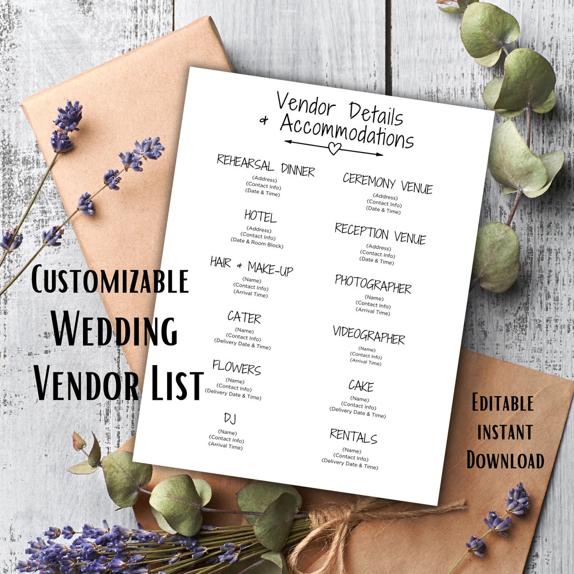 Wedding Vendor List Printable Wedding Binder Vendor Checklist Digital ...