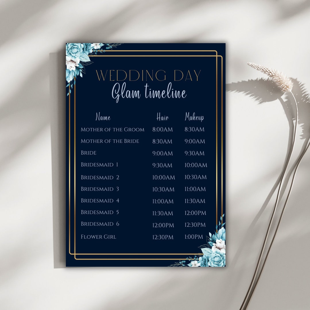 Wedding Day Hair & Makeup Timeline Editable Bridal Party Glam Schedule ...