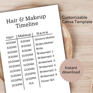 Wedding Day Glam Hair and Makeup Timeline Template Editable Canva ...