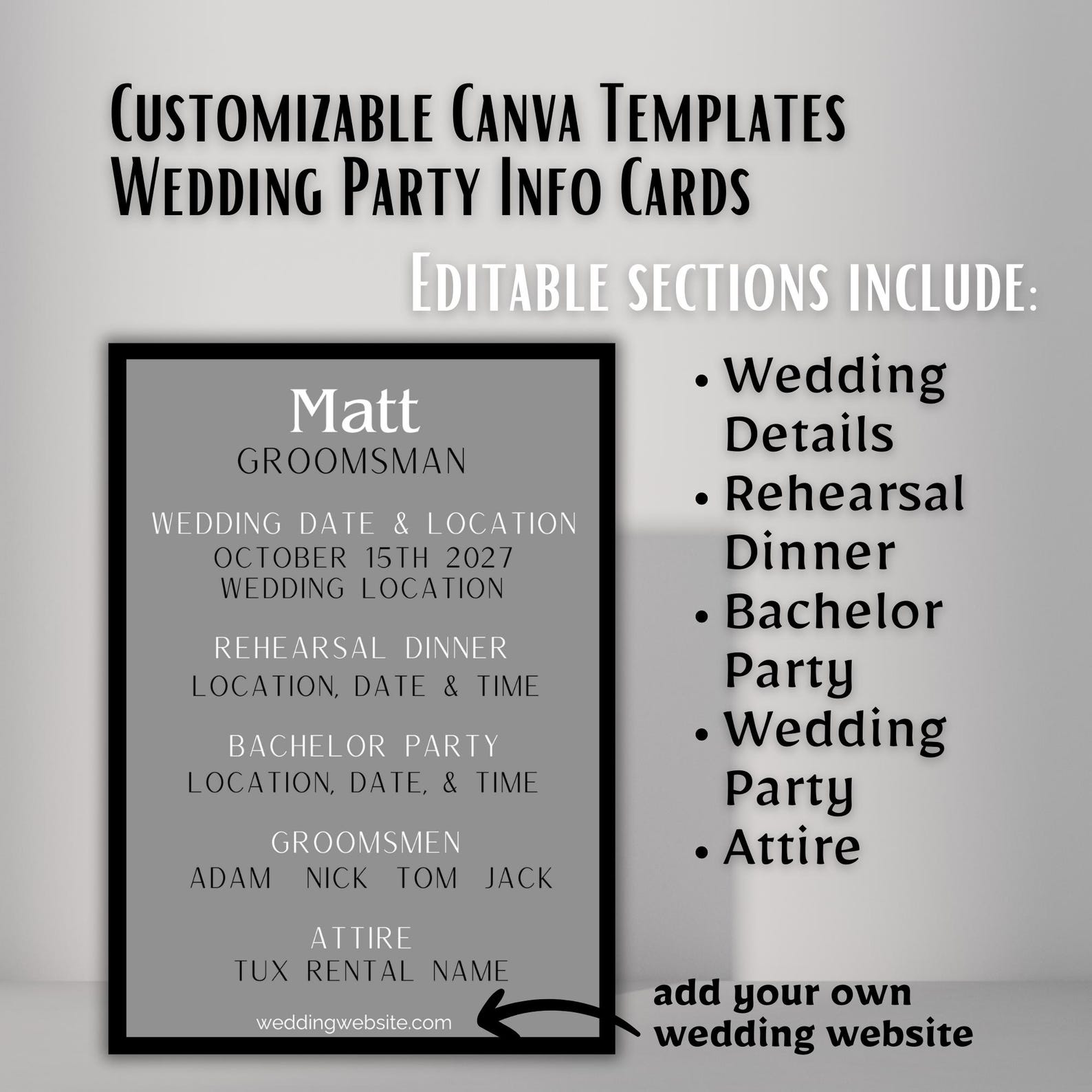 Groomsmen Info Card Template Wedding Party Info Card Wedding Details ...