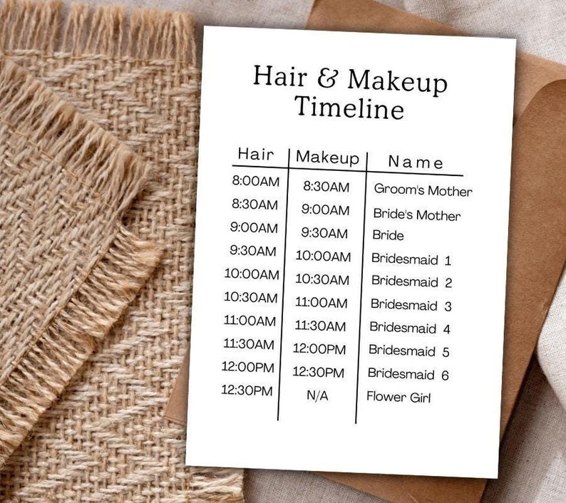Wedding Day Glam Hair and Makeup Timeline Template Editable Canva ...