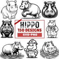 Hippo Vector Illustration Bundle, Svg Png Bundle, Digital Download, for ...