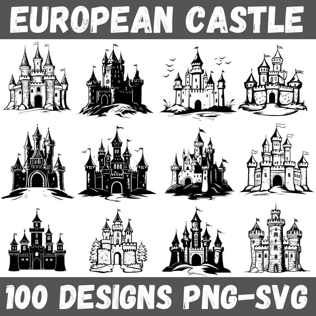 European Castle SVG PNG Bundle, 100 Fairytale Palace Clipart Designs ...