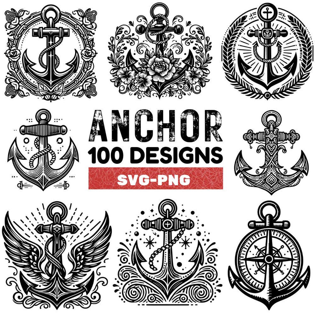Anchor SVG Bundle, 100 Nautical Tattoo Designs PNG, Vintage Maritime ...