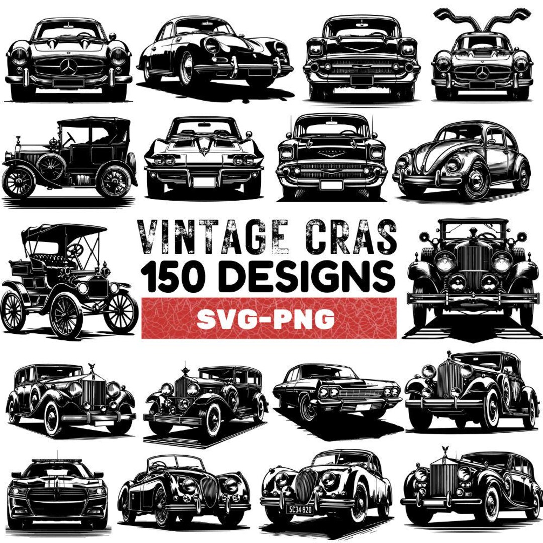 Vintage Car SVG Bundle, 150 Classic Car Clipart PNG, Retro Automobile ...