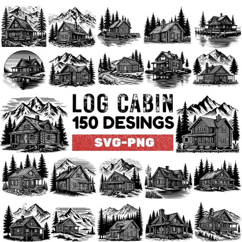 Log Cabin SVG PNG Design Bundle Rustic Cabin Illustrations for Crafts ...