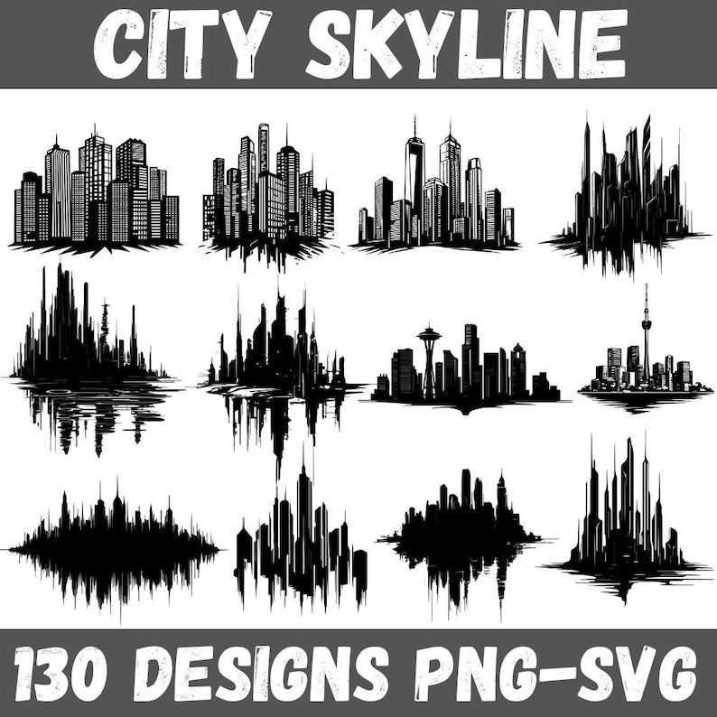 City Skyline SVG Bundle: 130 Urban Silhouette Designs (digital Download ...