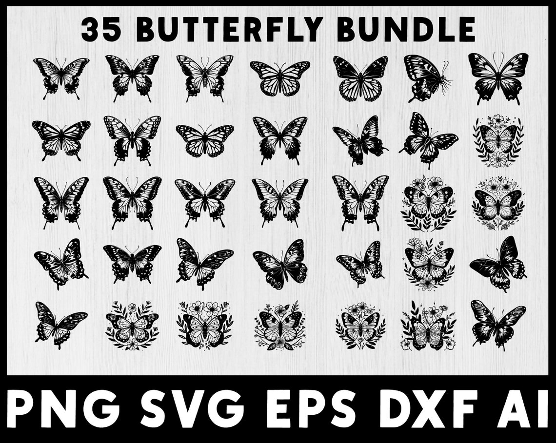 35 Bundle, Butterflies Doodle Clipart, PNG + SVG Transparent Background ...
