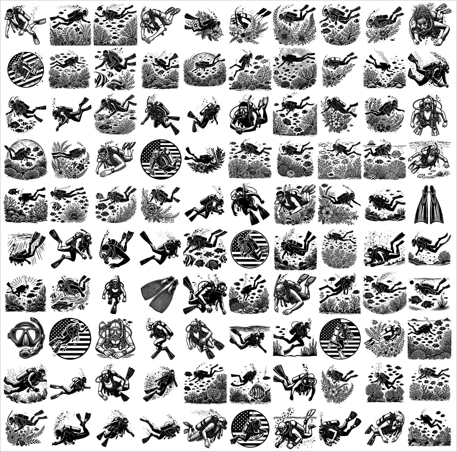Scuba Diving SVG Bundle: Underwater Diver Clipart (100 PNG Designs) - Etsy